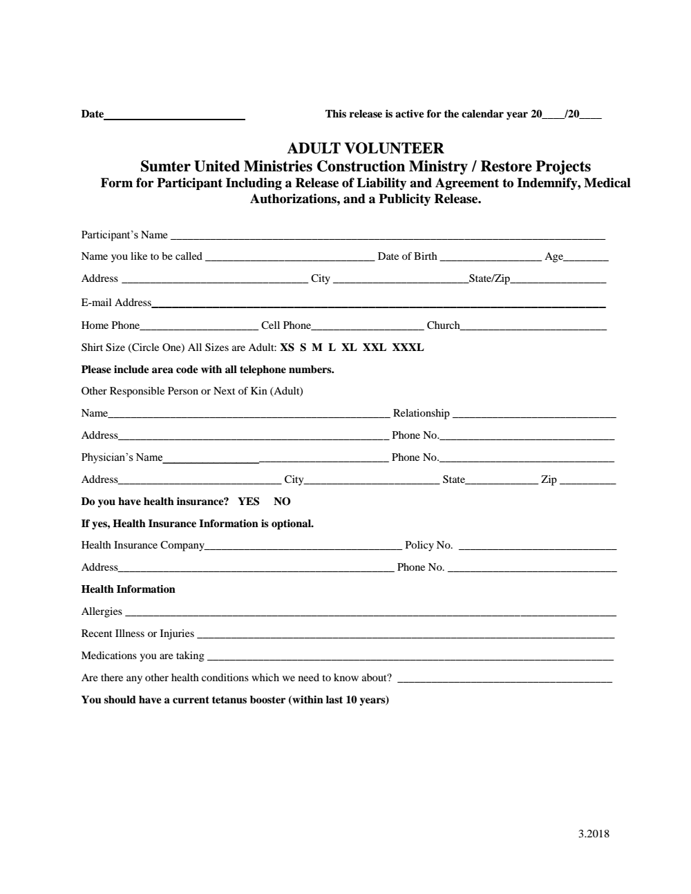 Adult Volunteer Form — Sumter United Ministries