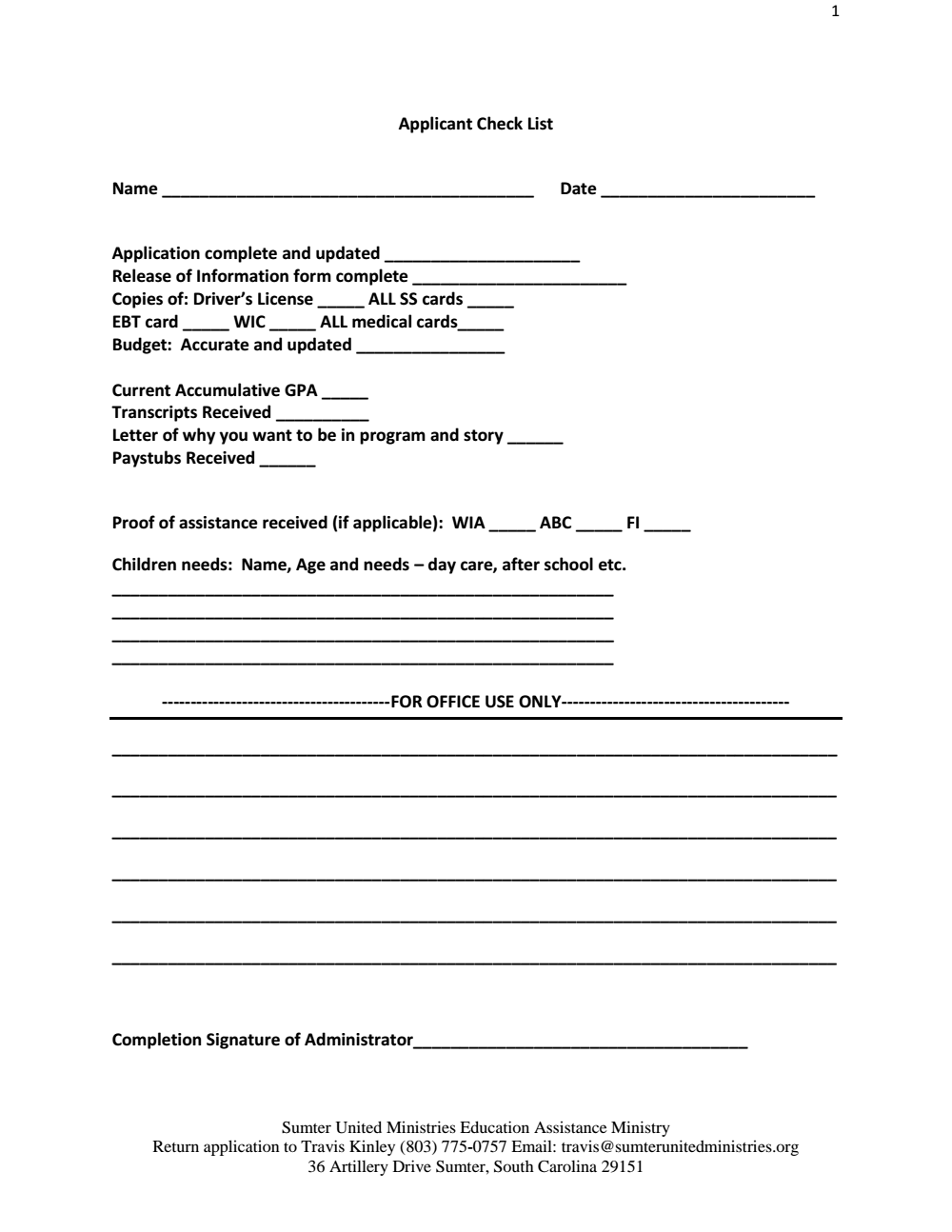 Education Assistance Ministry Application — Sumter United Ministries